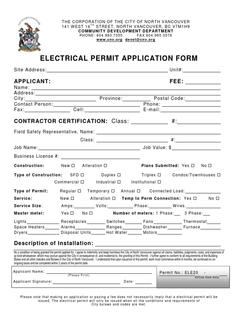 Electrical Permit Application Form: Applicant: Fee | PDF