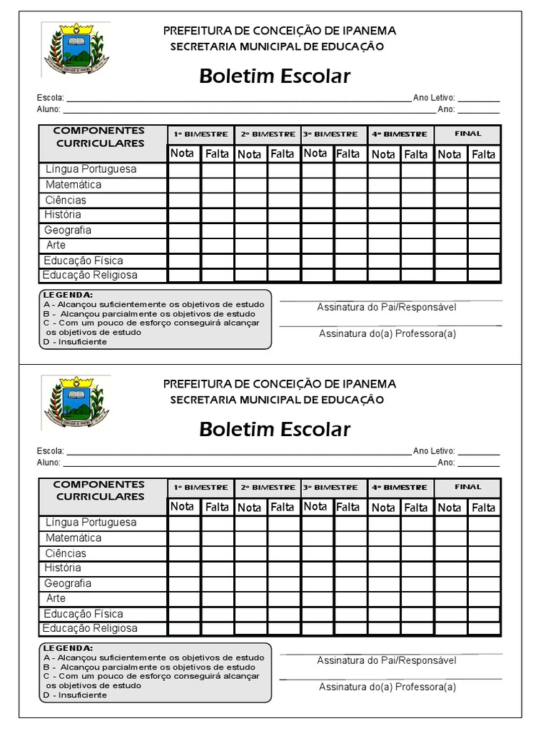 Boletim Escolar com Notas e Faltas de um Aluno do Ensino Fundamental I ...