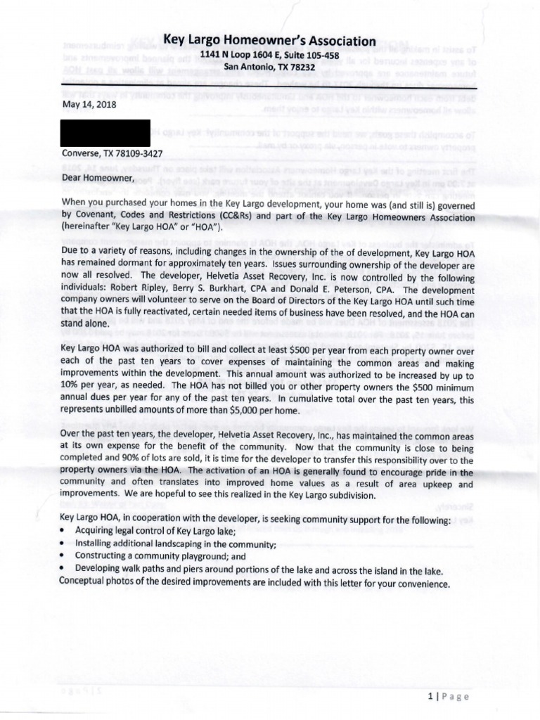 Key Largo Subdivision HOA Letter to Residents