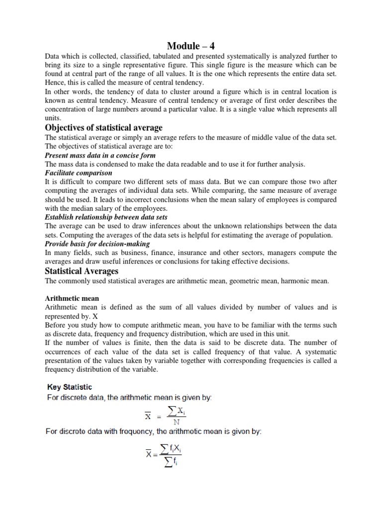 Module - 4: Objectives of Statistical Average | PDF | Average | Arithmetic Mean