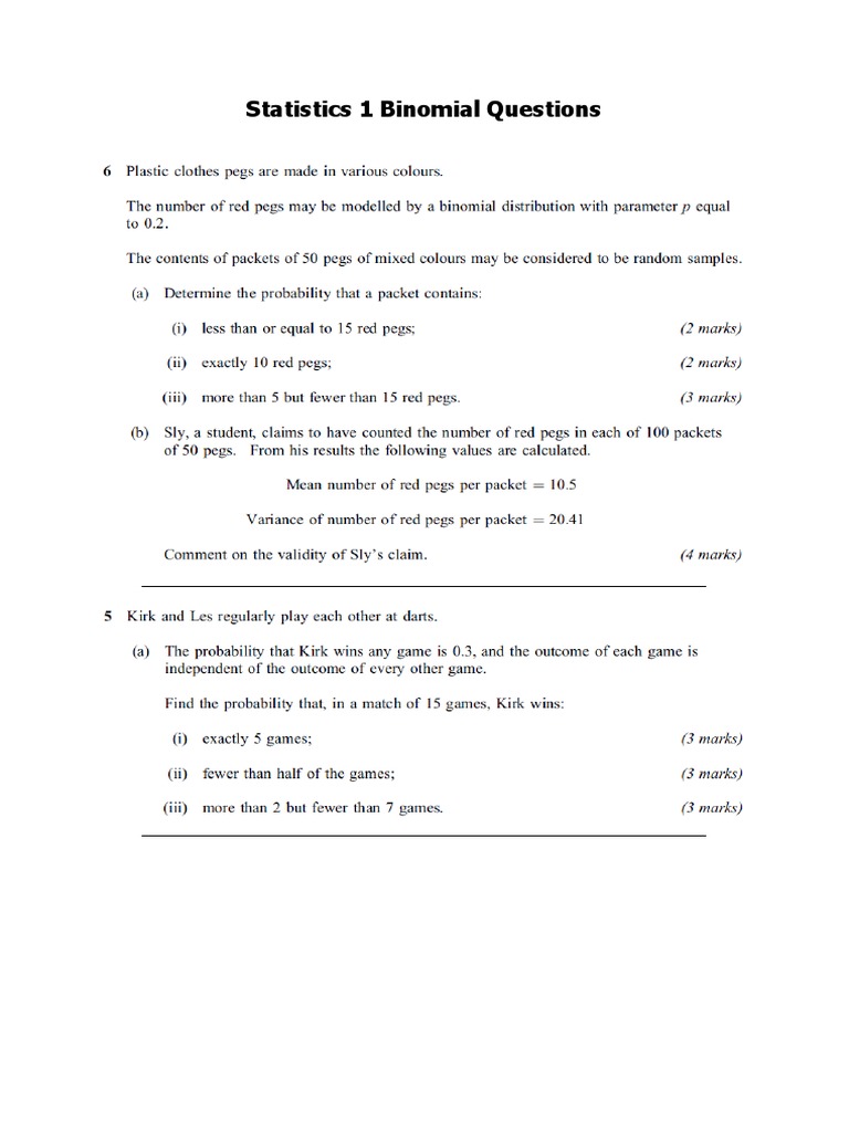 Statistics 1 Binomial Questions | PDF
