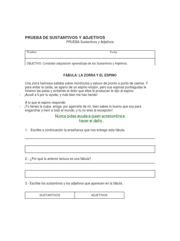 Prueba de Sustantivos y Adjetivos | PDF