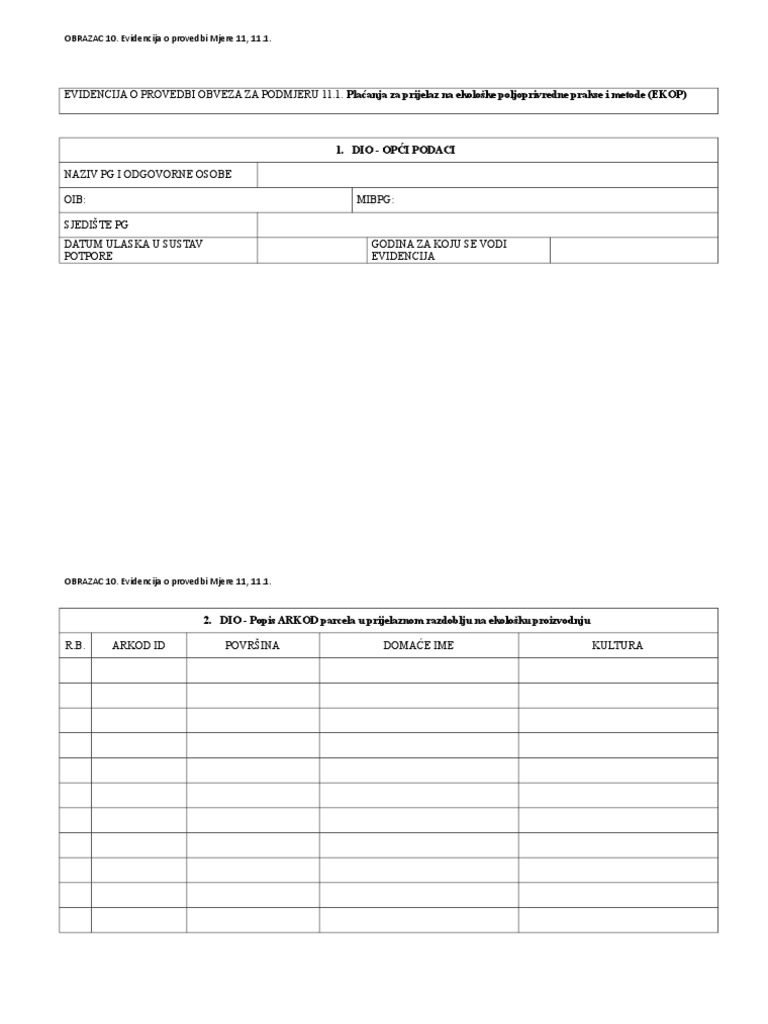 OBRAZAC 10. Evidencija Operacija 11.1 | PDF