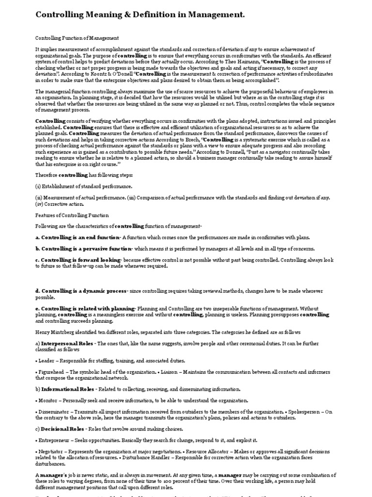 Controlling Meaning & Definition in Management. | PDF | Goal | Employment