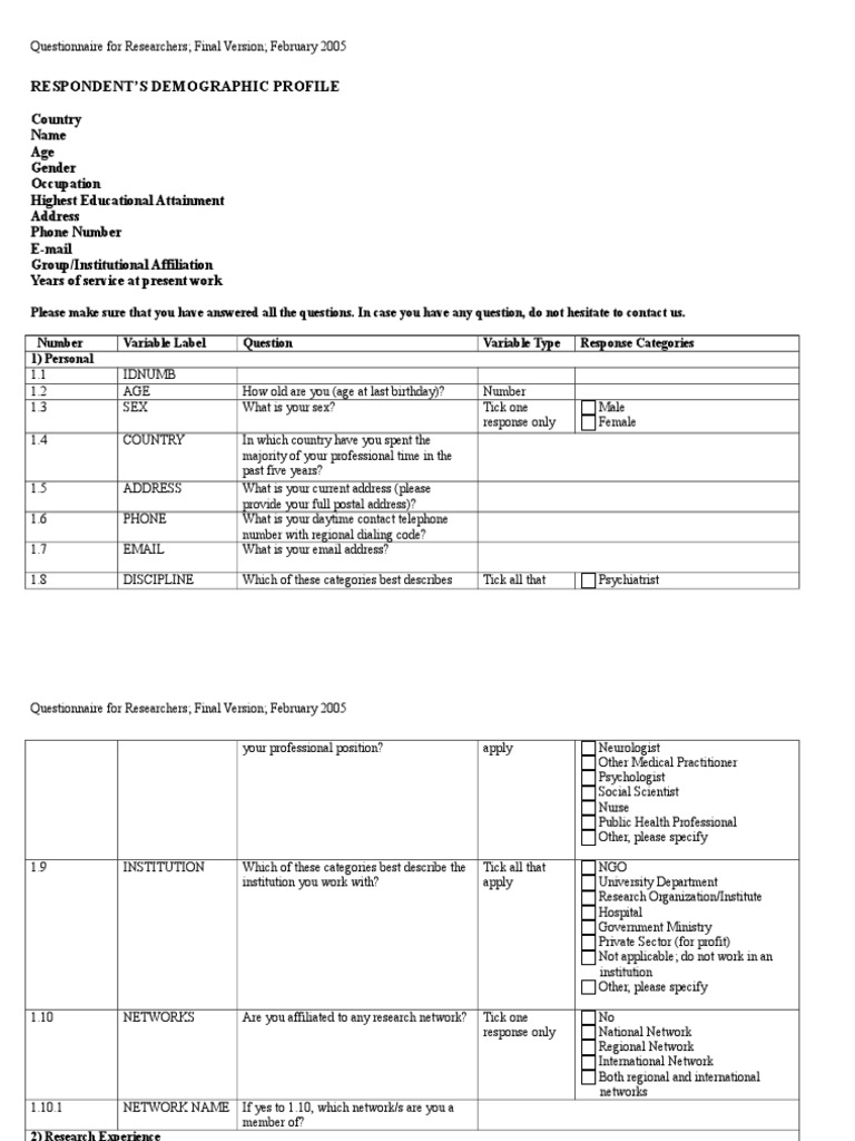 Researcher Demographic Questionnaire | PDF | Mental Health | Major ...