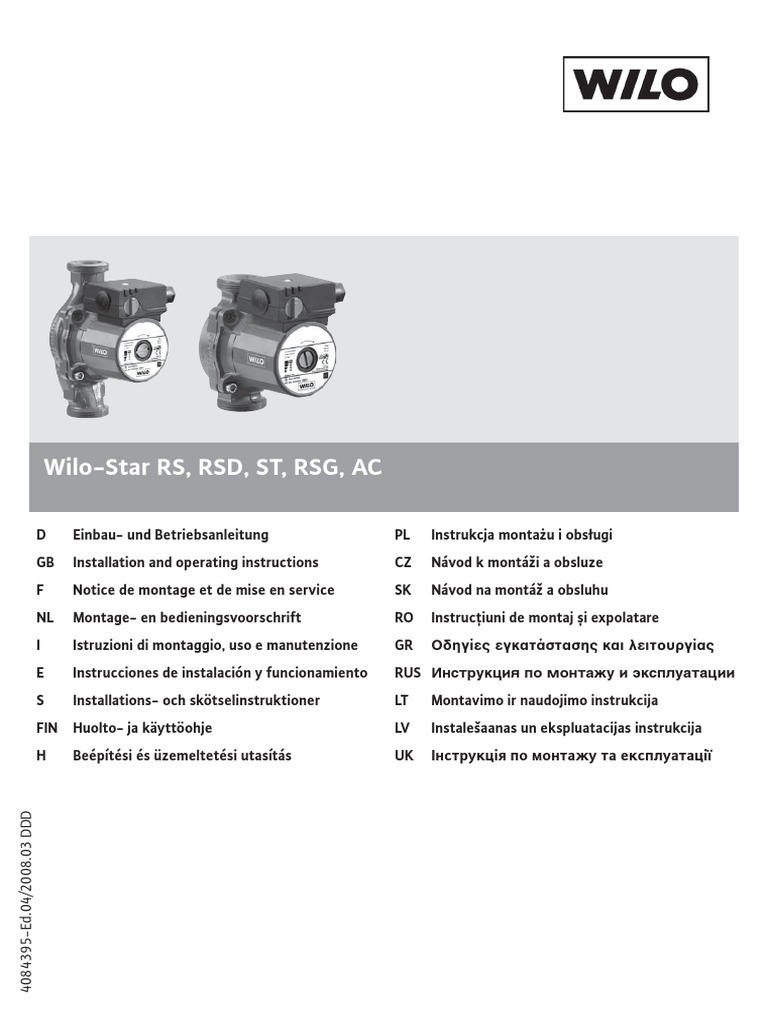Wilo-Star RS, RSD, ST, RSG, AC Installation and Operation Instructions ...