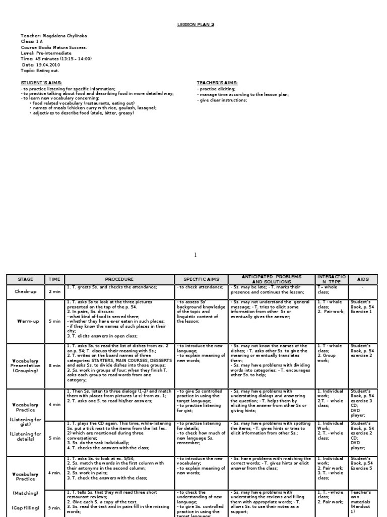 Pre-Intermediate Lesson Plan: Eating Out | PDF | Lesson Plan | Vocabulary