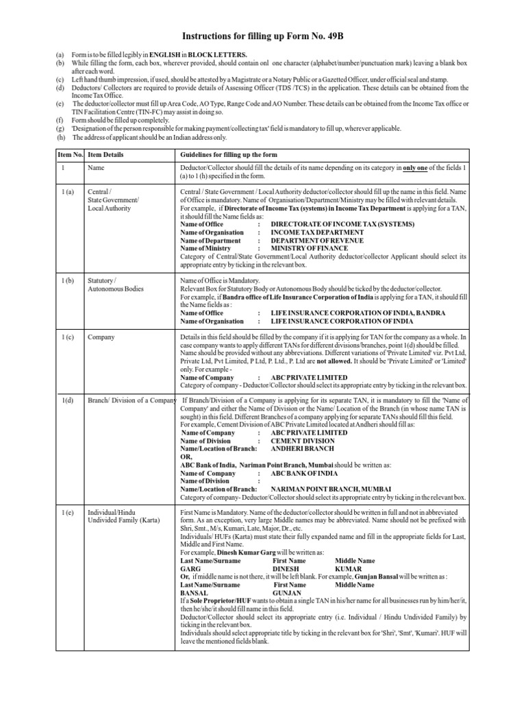 Instructions For Filling Up Form No. 49B | PDF | Business | Finance ...