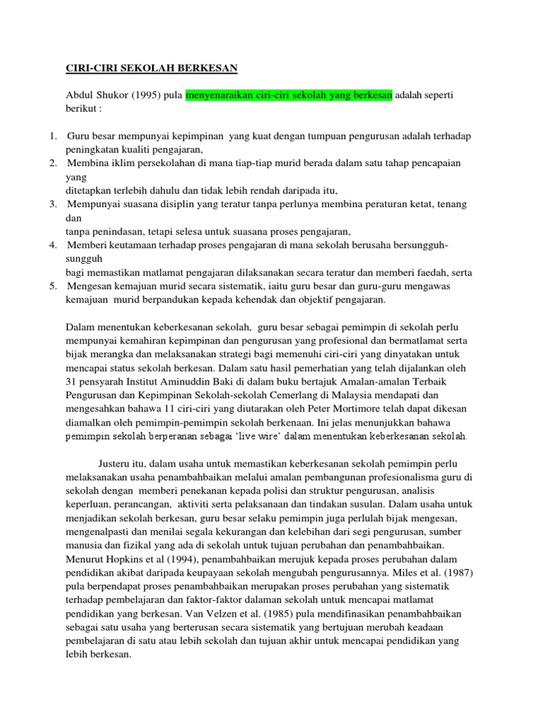 Ciri-Ciri Sekolah Berkesan | PDF