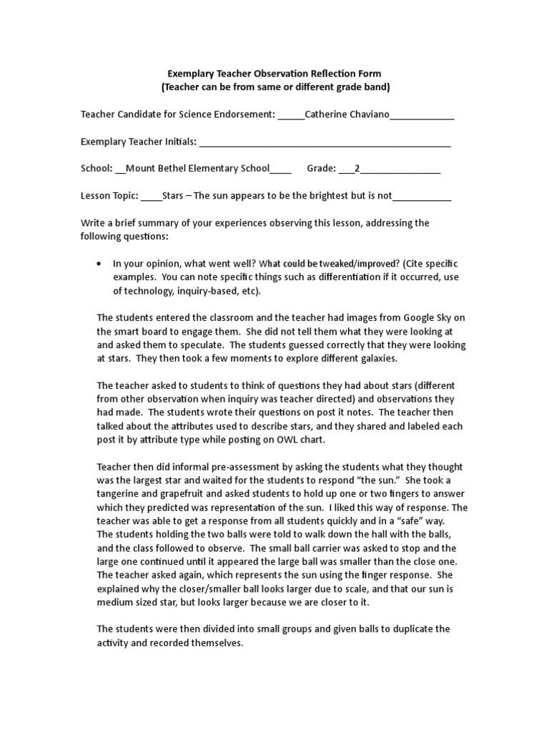 Exemplary Teacher Observation Reflection Form Used by Endorsement ...