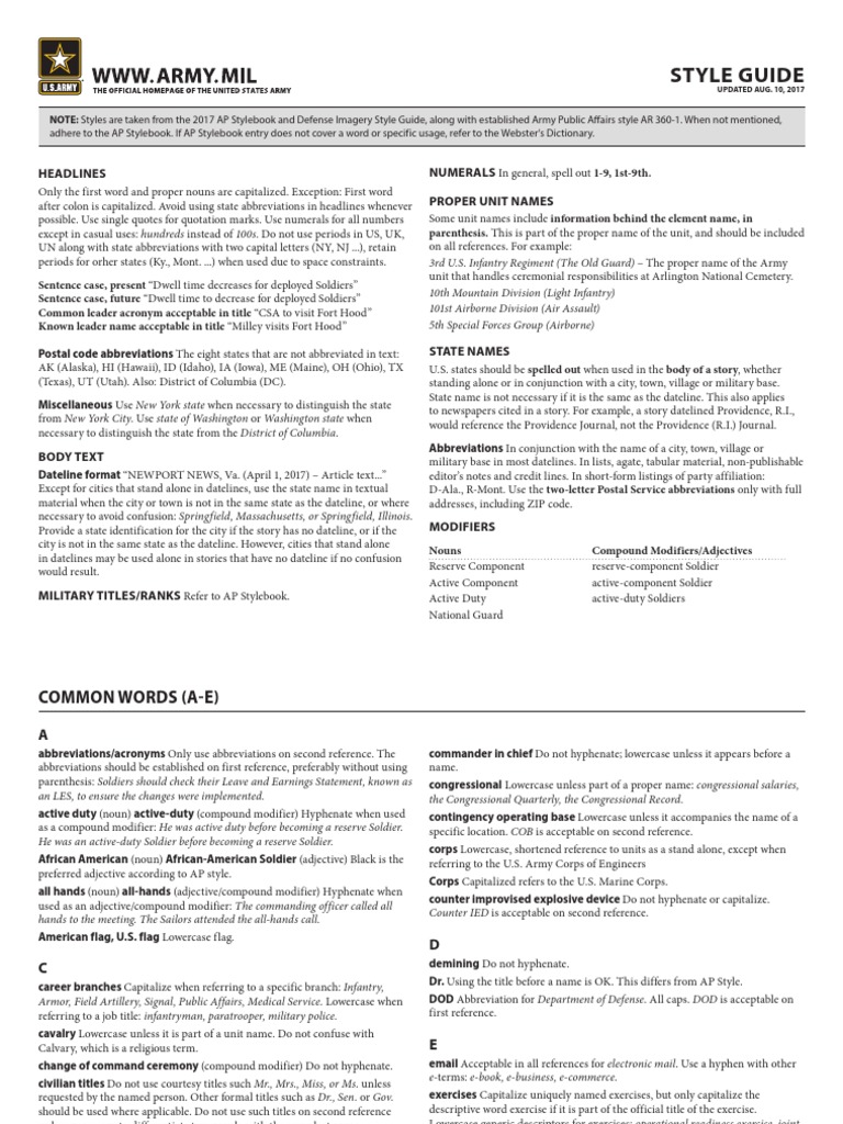 Army Style Guide Essentials | PDF | Division (Military) | Brigade