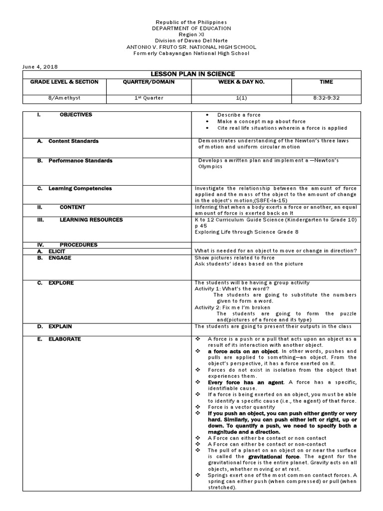 Grade 8 Science Lesson Plan on Force | PDF | Tension (Physics) | Force