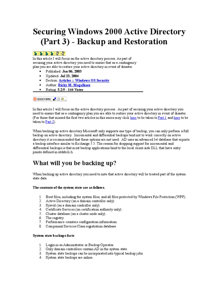 Securing Windows 2000 Active Directory | PDF | Backup | Active Directory