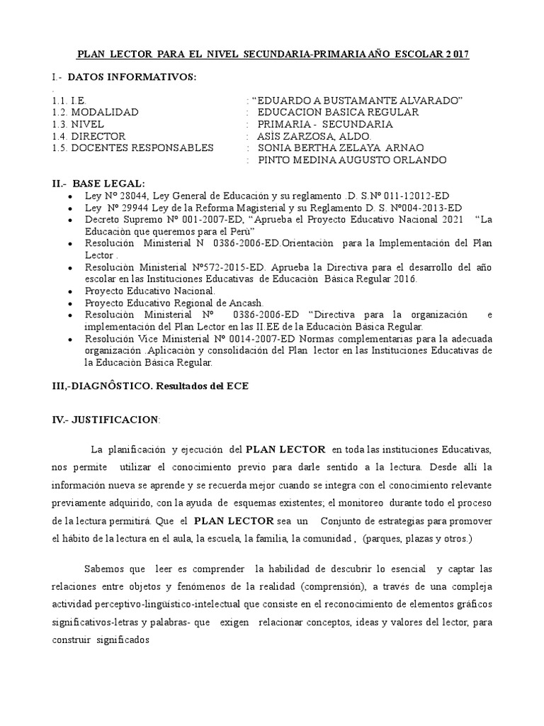 Ejemplo de Plan Lector 2016 | PDF | Comprensión lectora | Lectura (proceso)