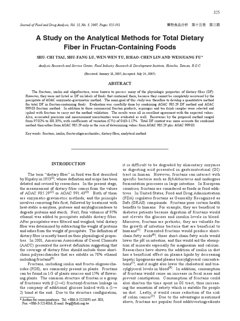 A Quantitative Method for Determining Total Dietary Fiber in Fructan ...