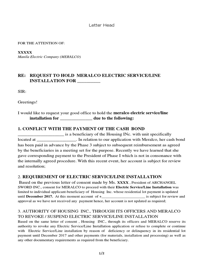 Sample Letter To Meralco To Hold Installation of Electrical Lines | PDF