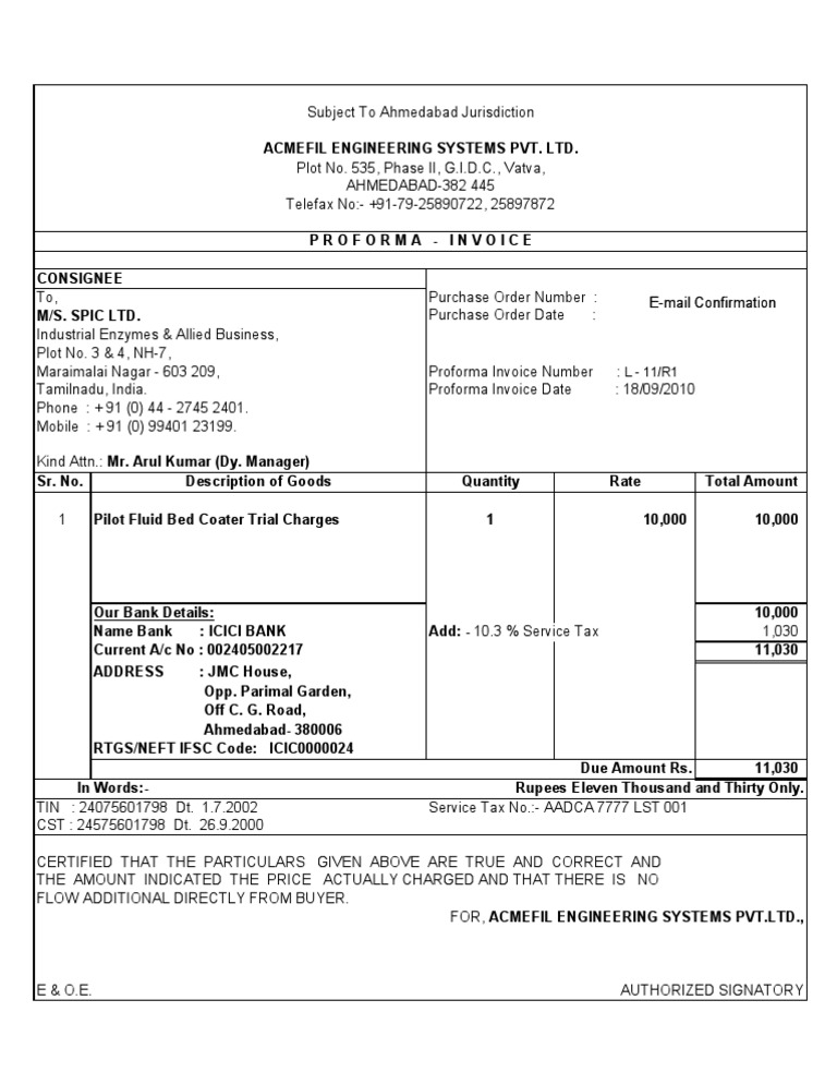 SPIC Proforma Invoice Trial Charges Revised | PDF | Invoice | Taxes