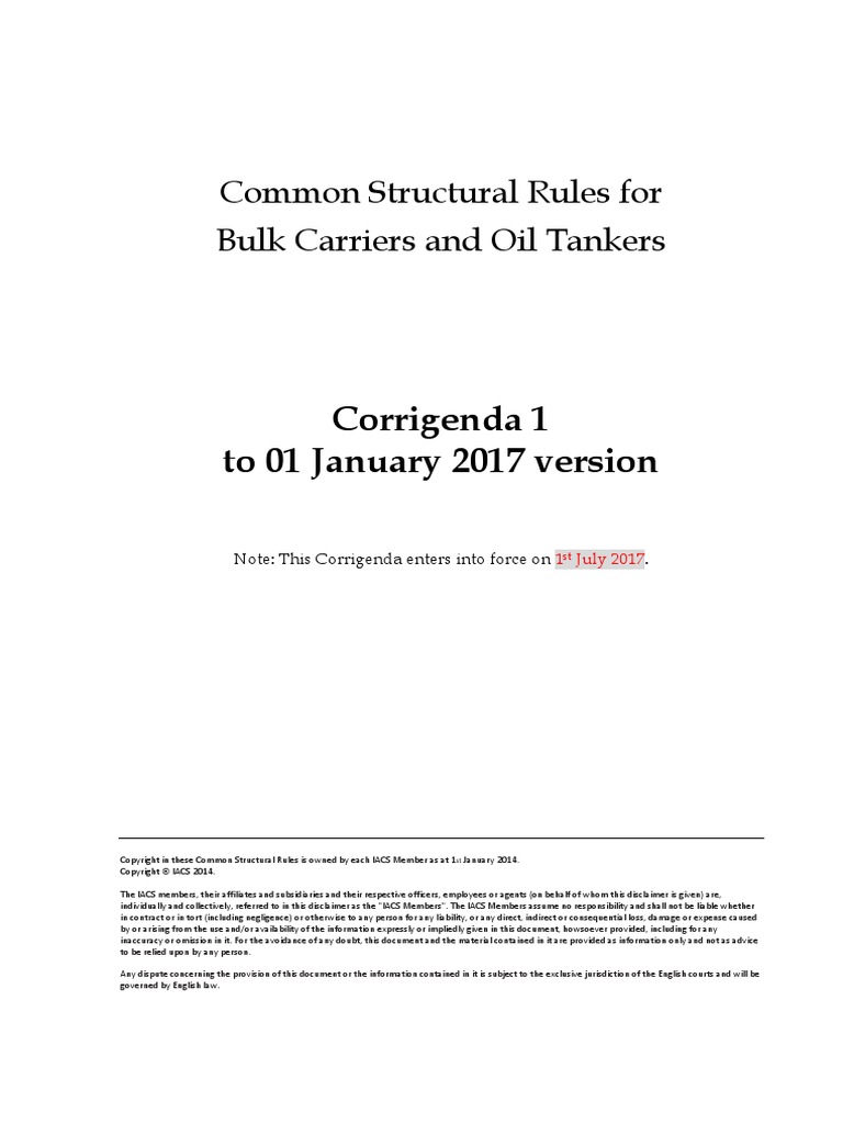 Common Structural Rules For Bulk Carriers and Oil Tankers: Corrigenda 1 ...
