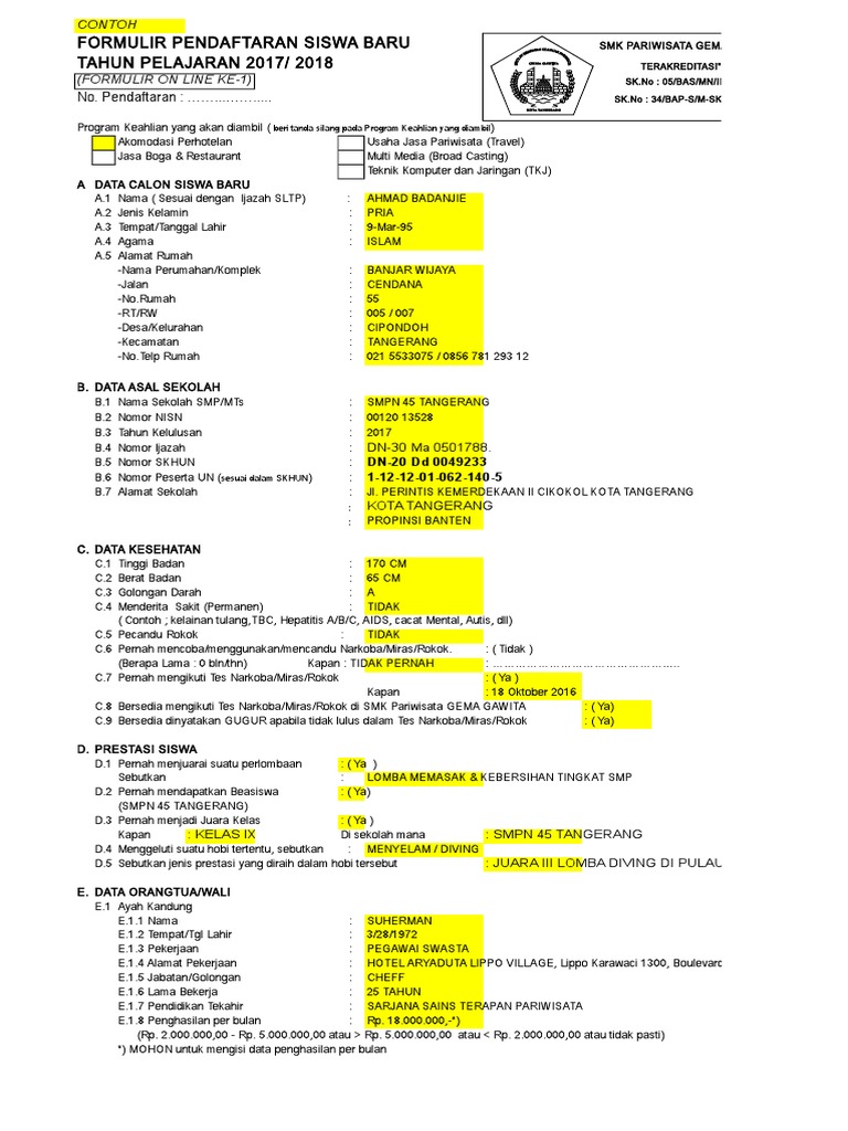 Contoh Pengisian Formulir Pendaftaran Ke 1 | PDF