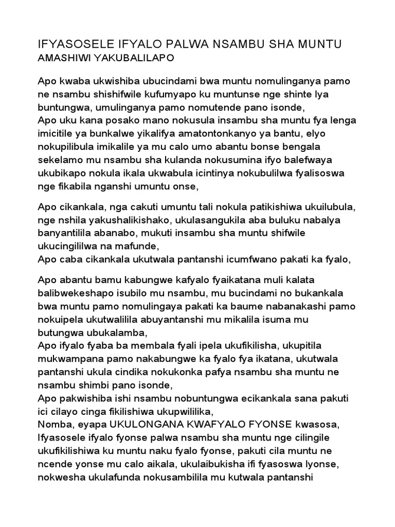 Ifyasosele Ifyalo Palwa Nsambu Sha Muntu | PDF