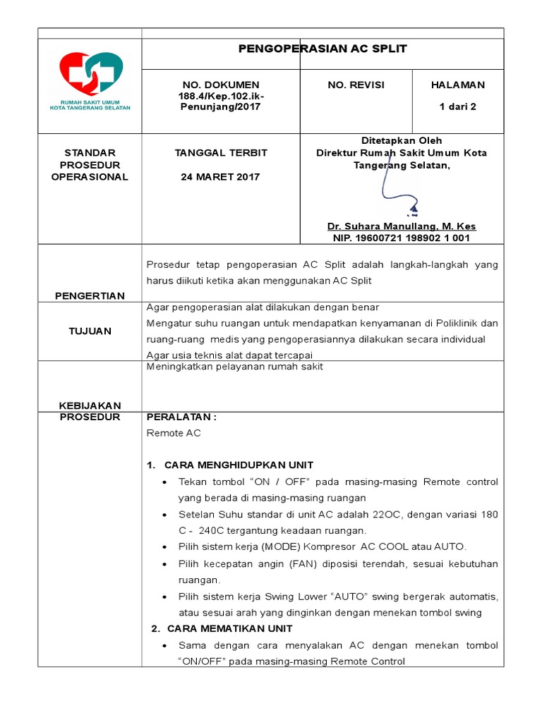 Sop Pengeoperasian Ac Split | PDF