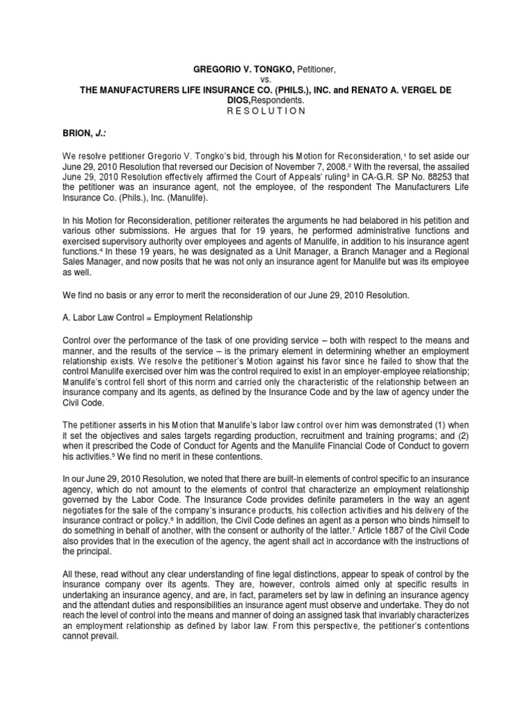Tongko vs. de Dios | PDF | Law Of Agency | Employment