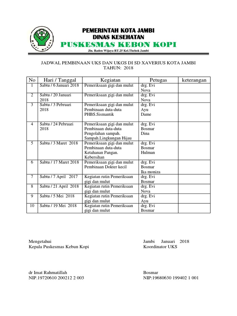 Jadwal Kegiatan Uks SD Xaverius | PDF