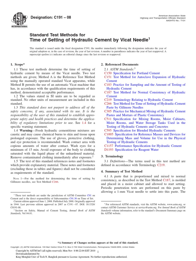 ASTM C191 – 08 Setting Time | Cement | Concrete