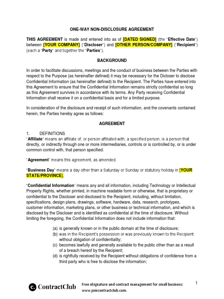 One-Way Non-Disclosure Agreement THIS AGREEMENT Is Made and Entered ...