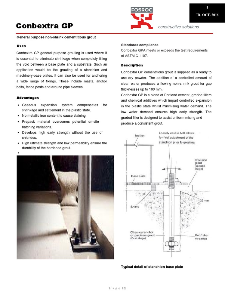 Conbextra GP: General Purpose Non-Shrink Cementitious Grout Uses | PDF | Concrete | Materials