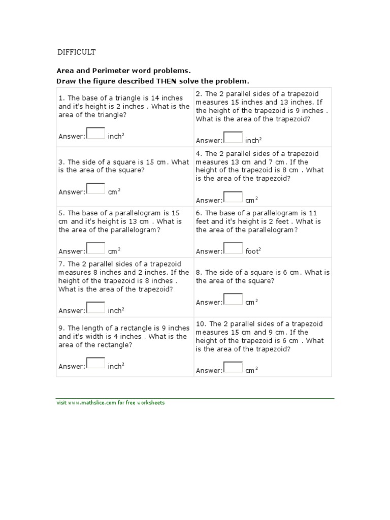 Area and Perimeter Word Problems | PDF | Language Arts & Discipline ...