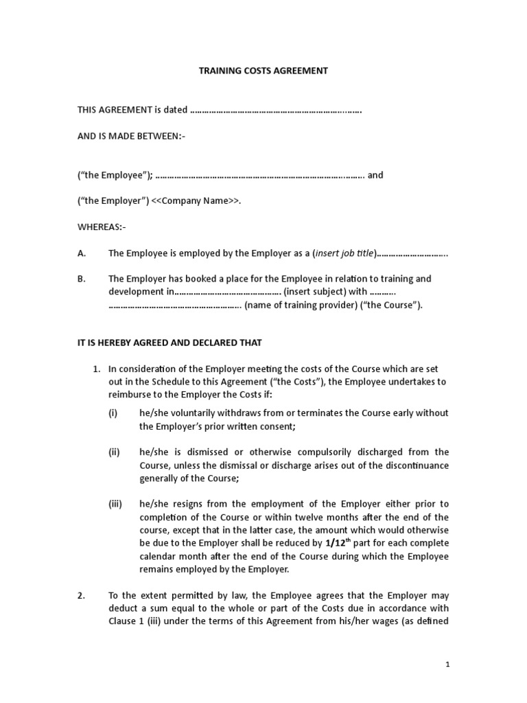 14 Training Costs Agreement | PDF | Expense | Employment