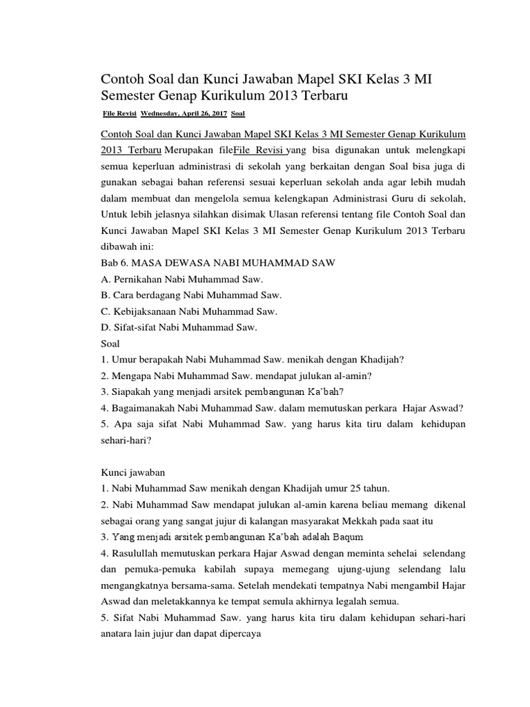 Contoh Soal Dan Kunci Jawaban Mapel SKI Kelas 3 MI Semester Genap Kurikulum 2013 Terbaru | PDF
