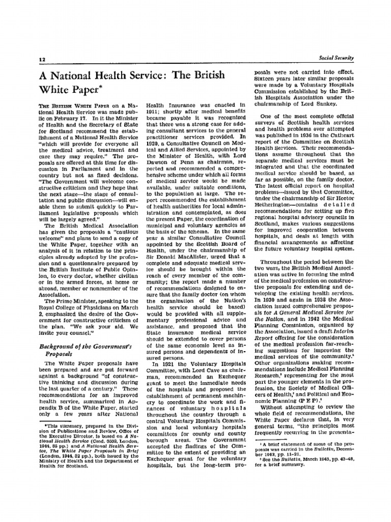 A National Health Service: The British White Paper : Background of The ...