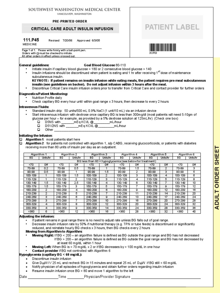 Critical Care Adult Insulin Infusion | PDF | Endocrine | Medicine
