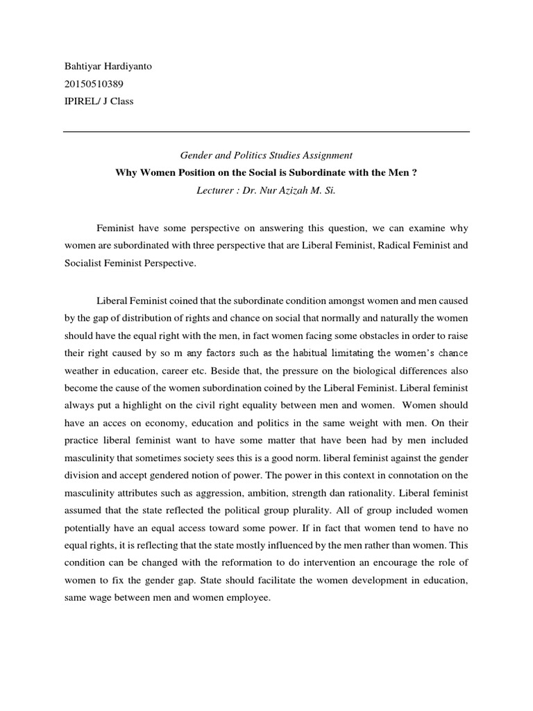 Why Women Position On The Social Is Subordinate With The Men ? | PDF ...