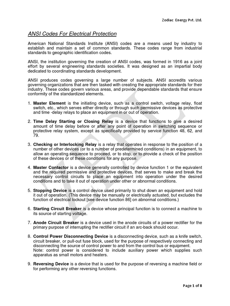 ANSI Codes For Electrical Protection PDF | PDF