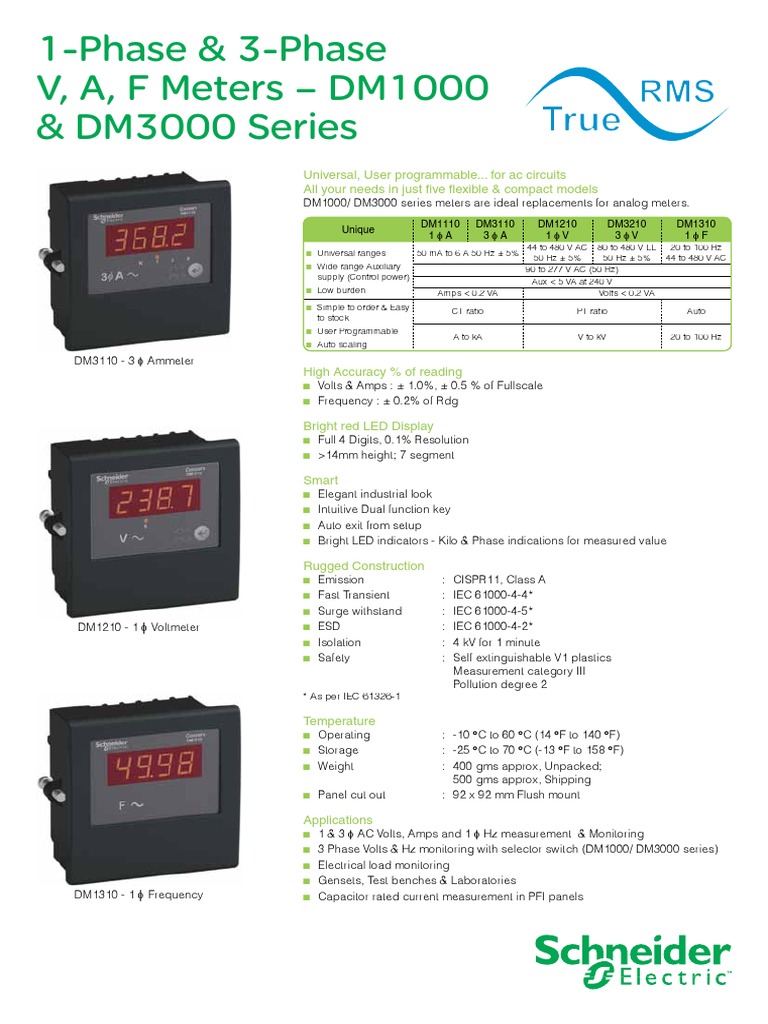 1-Phase & 3-Phase V, A, F Meters - DM1000 & DM3000 Series | PDF | Electricity | Electromagnetism