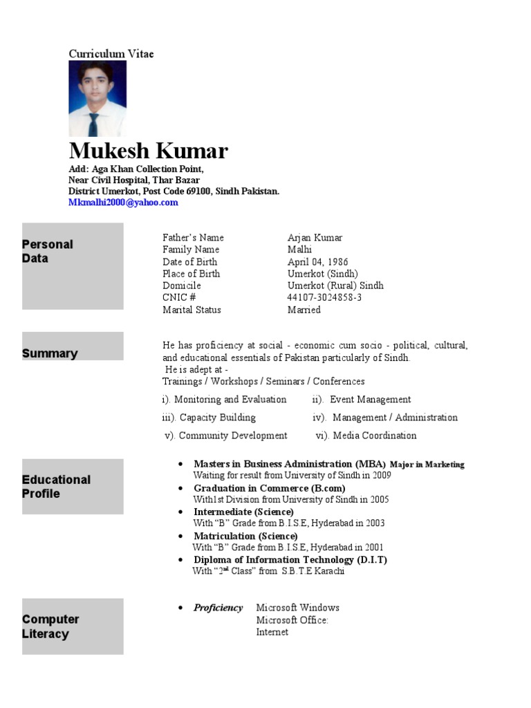 Mukesh Kumar CV | PDF | Sindh | Pakistan