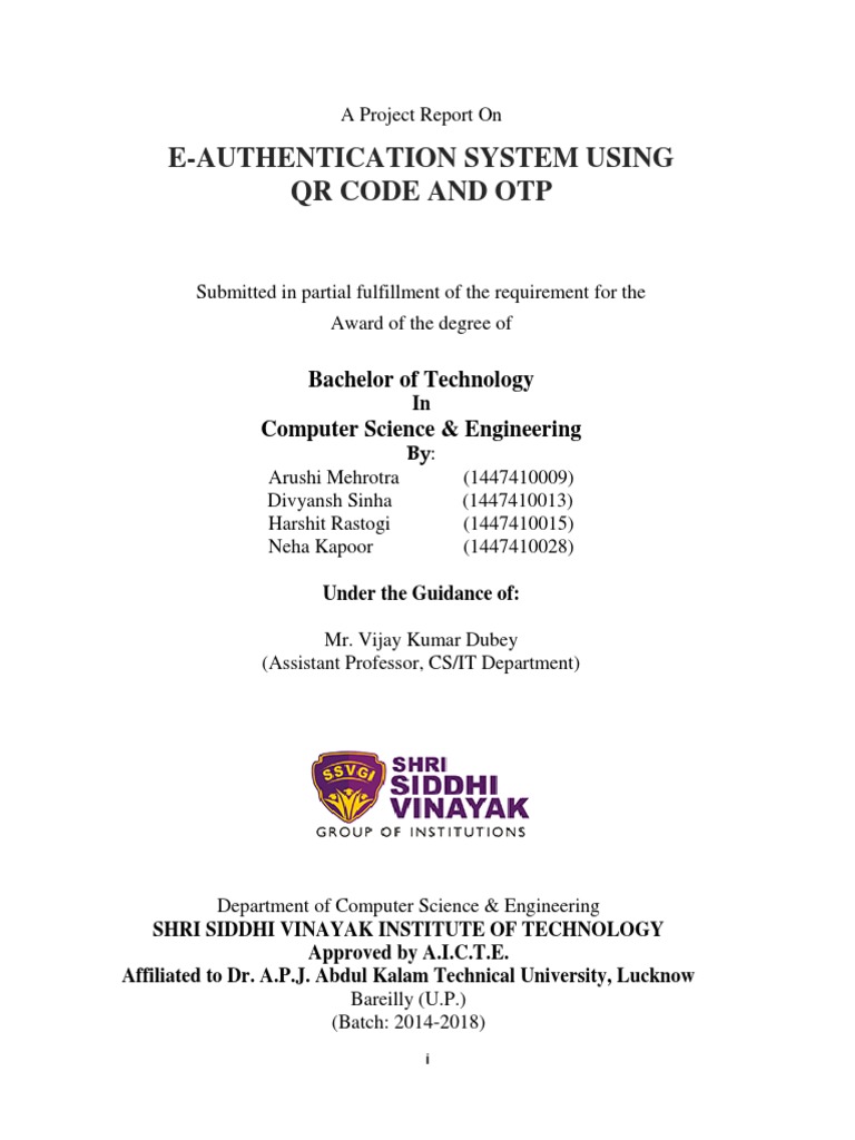 E Authentication System Using Qr Code And Otp Bachelor Of Technology Computer Science