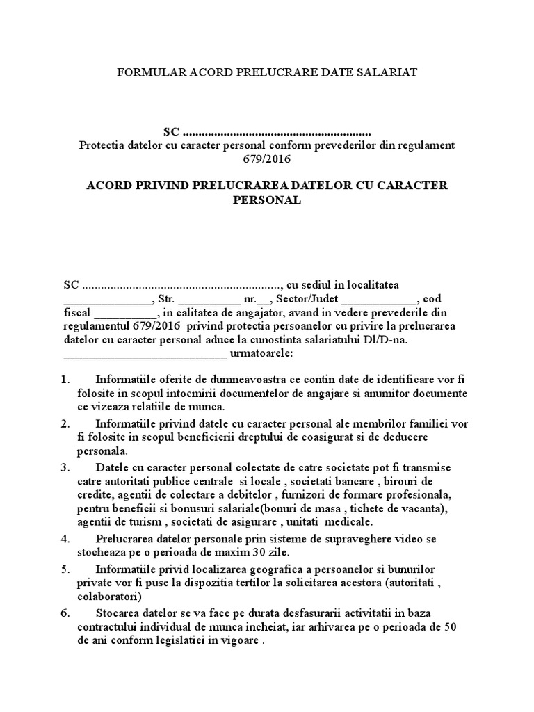 Formular Acord Prelucrare Date Salariat | PDF