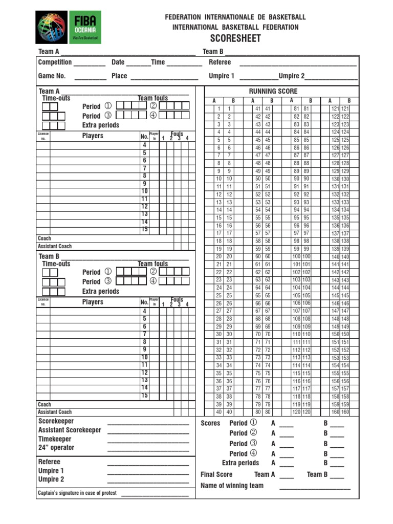 FIBA Scoresheet PDF | PDF | Referee | Games Of Physical Skill FIBA Scoresheet PDF | PDF | Referee | Games Of Physical Skill