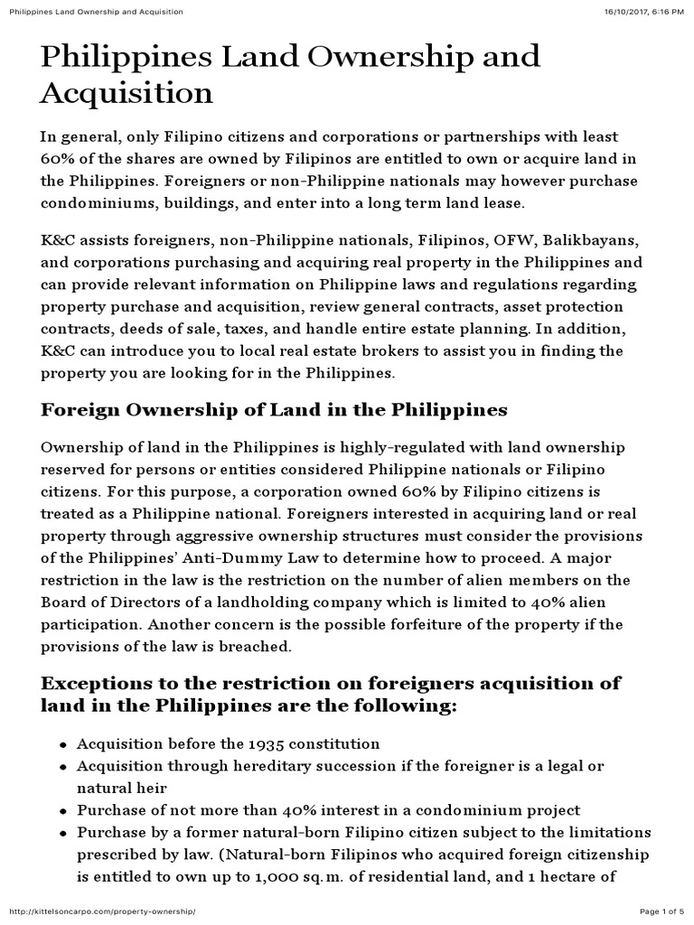 Philippines Land Ownership and Acquisition | PDF | Ownership | Prices