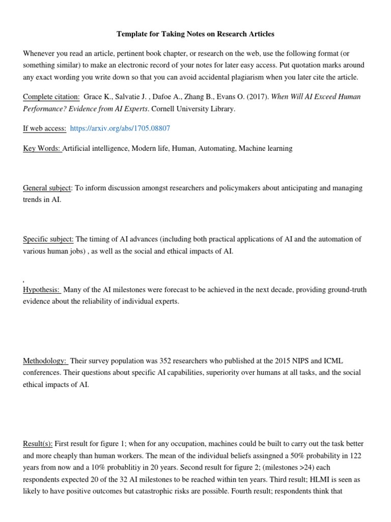 Template For Taking Notes On Research Articles | PDF | Artificial ...