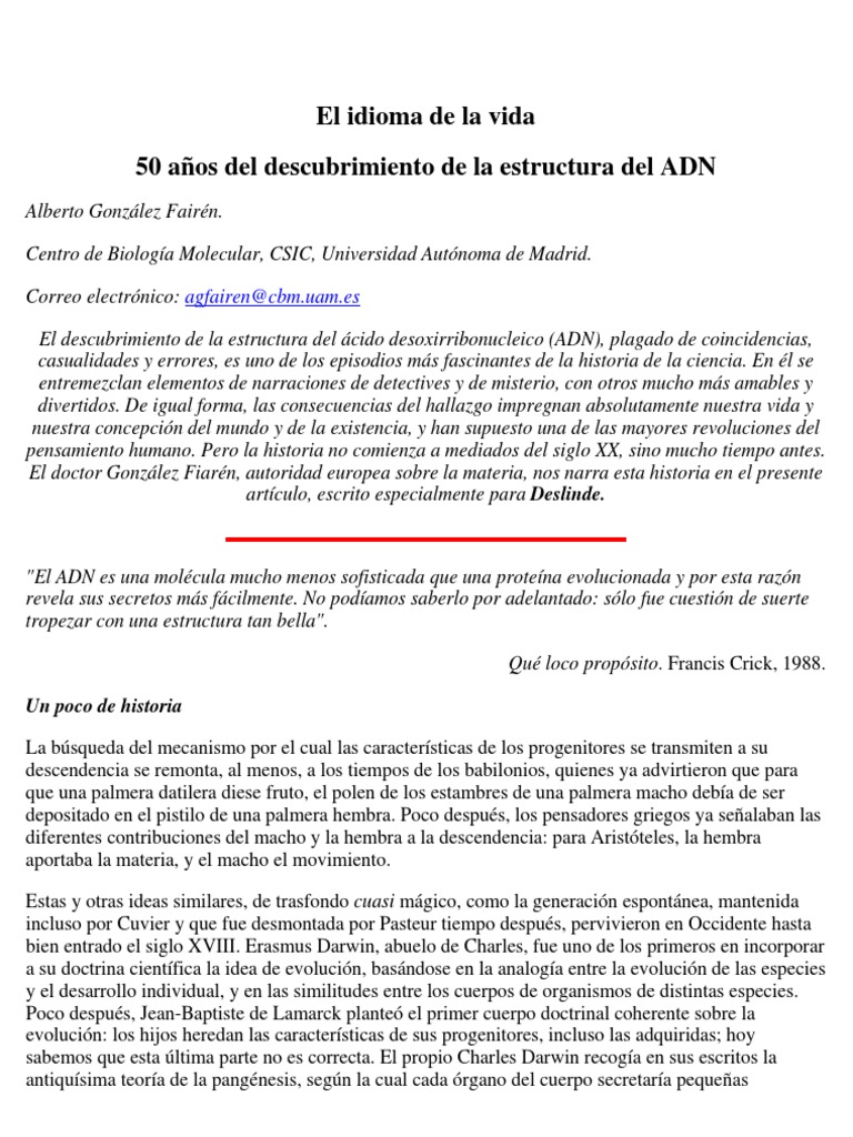 50 Anos Del Descubrimiento de La Estructura Del ADN-1 | PDF | Francis Crick | Adn