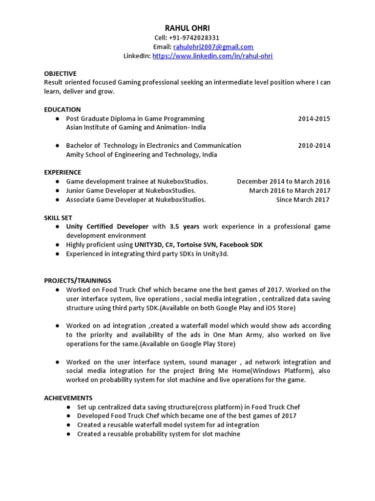 Game Developer Career Profile | PDF