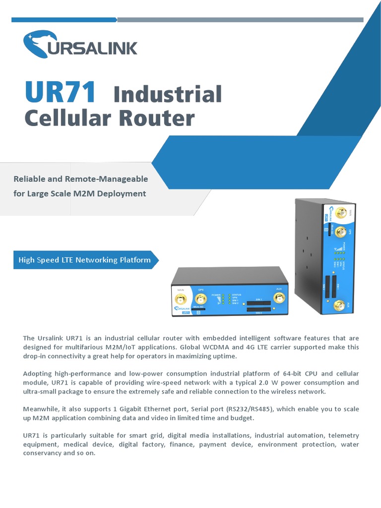 Ursalink UR71 Industrial Cellular Router Datasheet | PDF | Computer Network | Media Technology