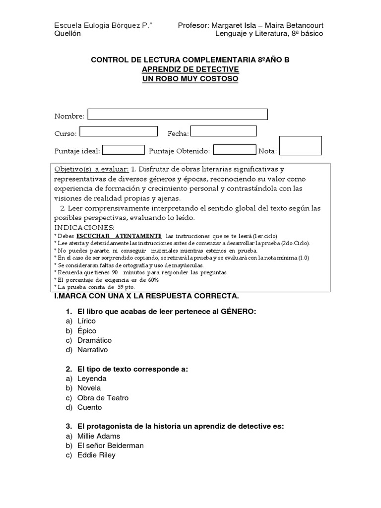 Evaluacion 8º Aaprendiz de Detective | PDF | Lectura (proceso)