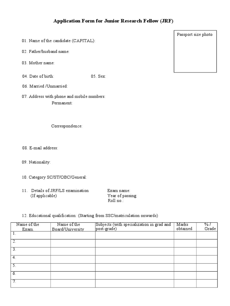 Application Form For Junior Research Fellow (JRF) | PDF | Educational Stages | Vocational Education