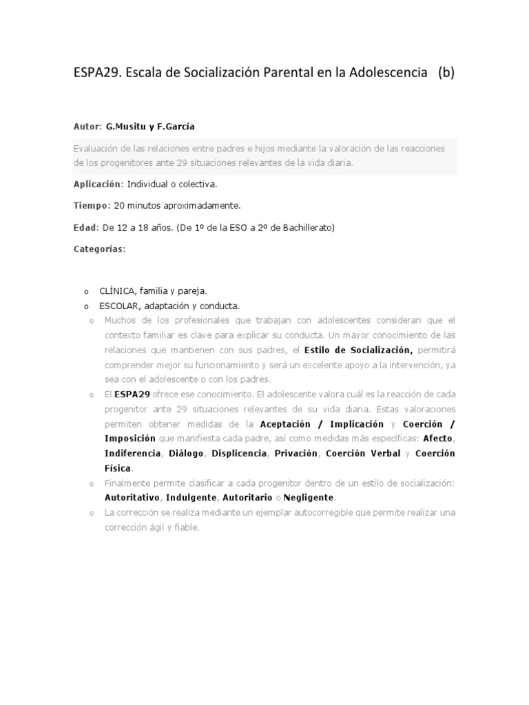 Escala de Socialización Parental ESPA29 | PDF | Adolescencia | Adultos